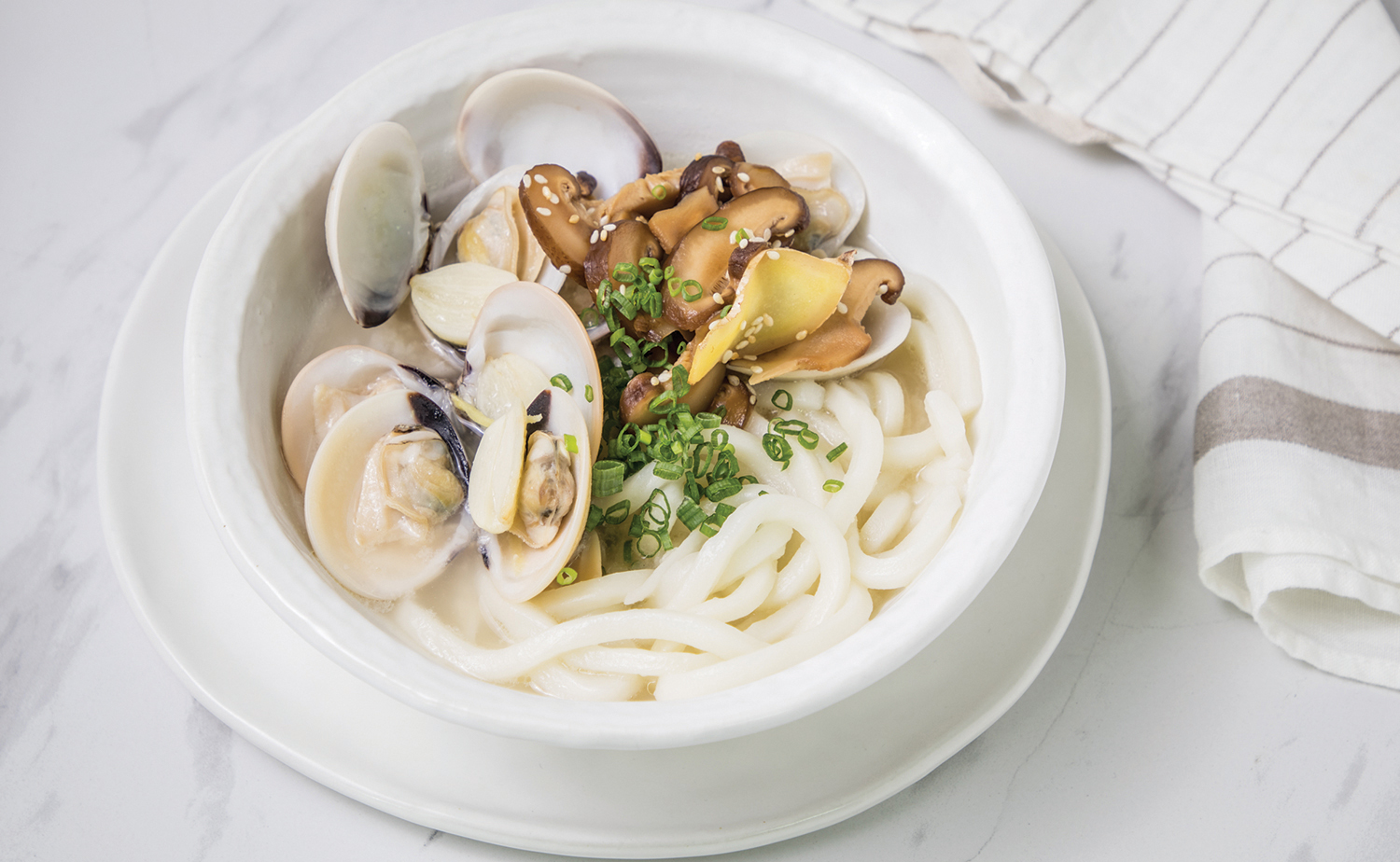 Udon in Miso & Sesame Soup with Clams and Pickled Shiitake (อูด้งน้ำซุ ...
