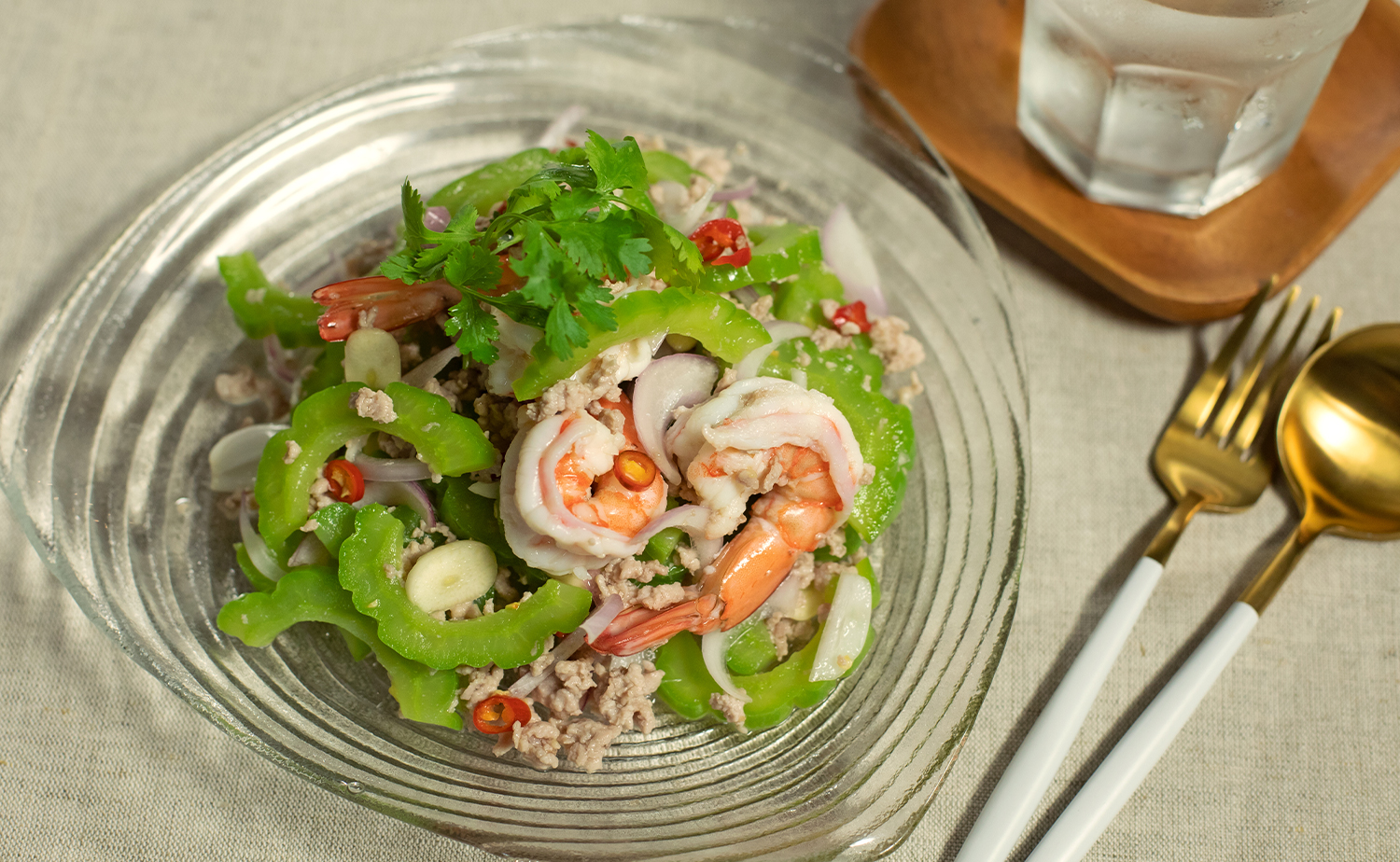 Spicy Bitter Gourd and Prawn Salad (ยำมะระกุ้งสด)