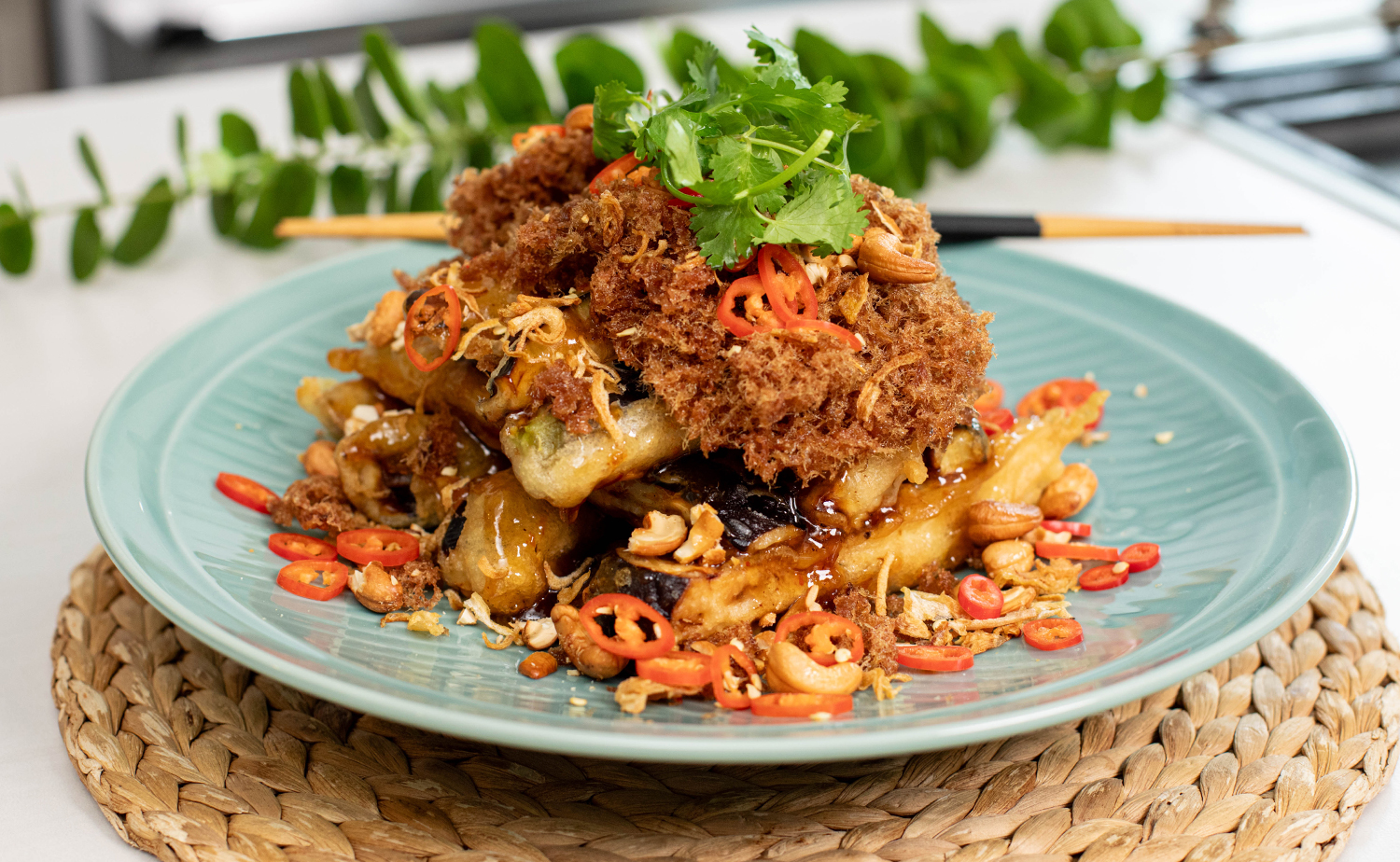 Tamarind Glazed Crispy Eggplant with Crunchy Tuna Floss (มะเขือม่วงทอด ...